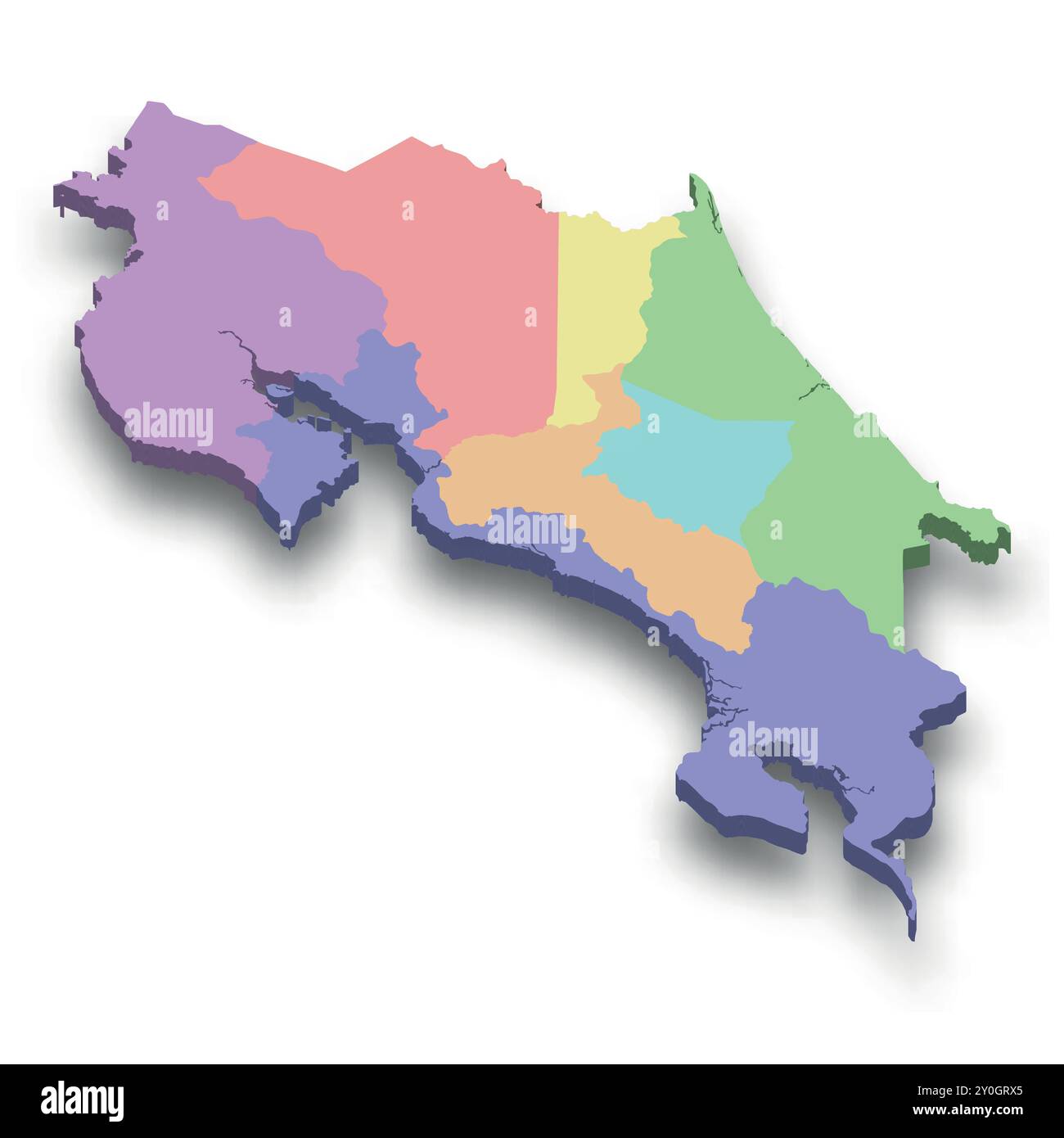 3d isometric colored map of Costa Rica with borders of regions Stock ...