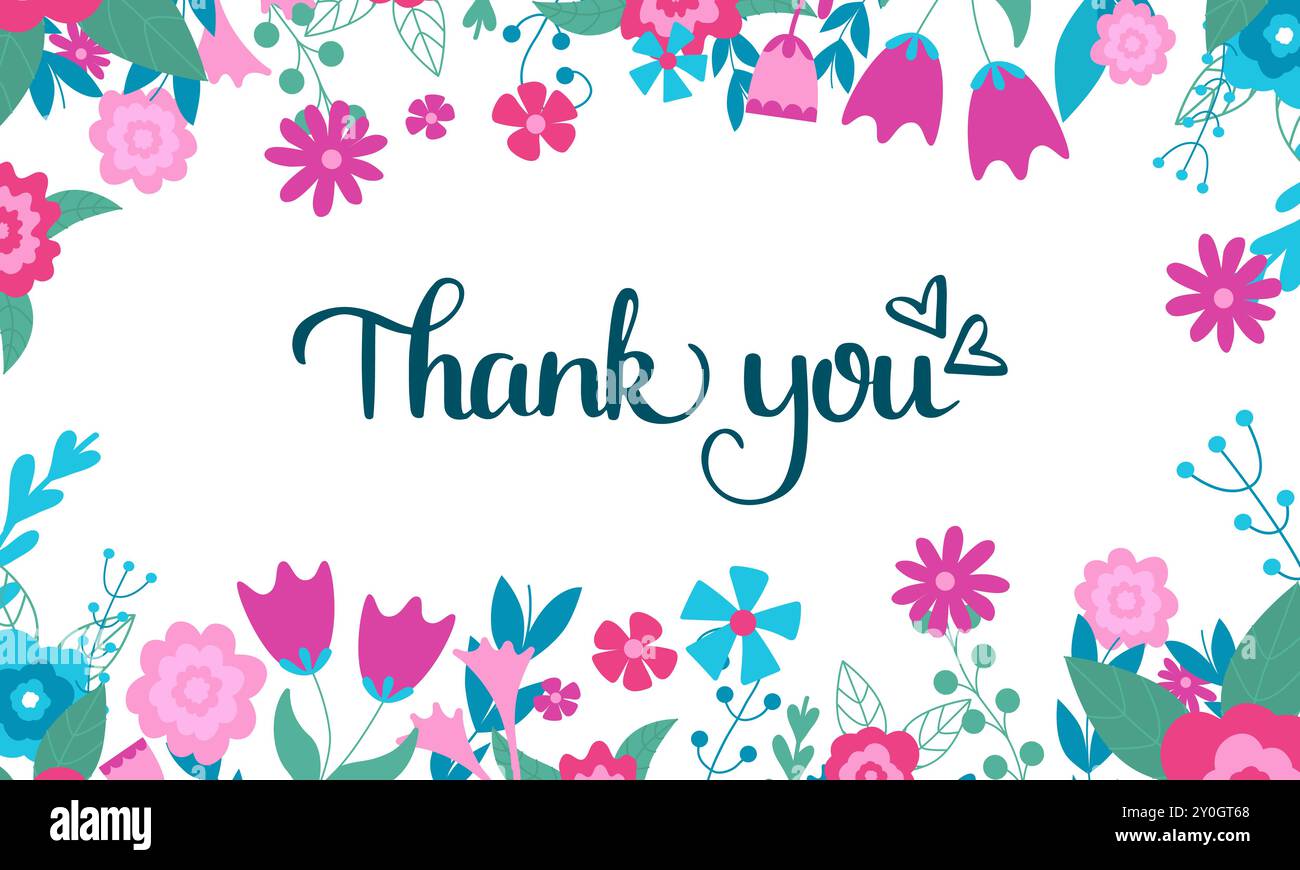 Thank you banner design. Doodle flowers and handwritten phrase with ...