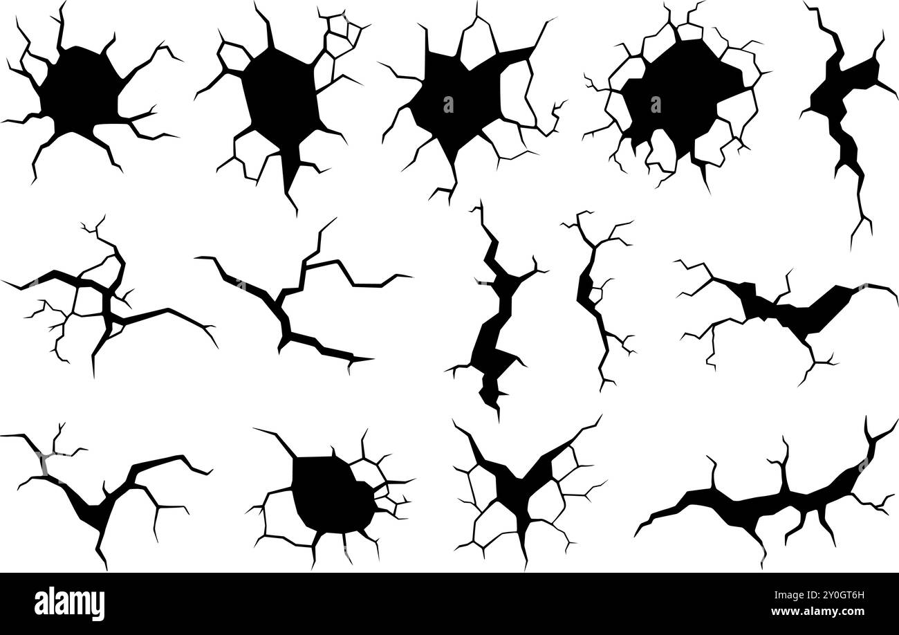 Ground dry cracks set. Isolated black crack with hole. Elements of damages, fractures surface ...