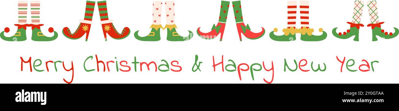 Christmas elf feet banner. Dwarf foot wear striped socks and cute boots ...