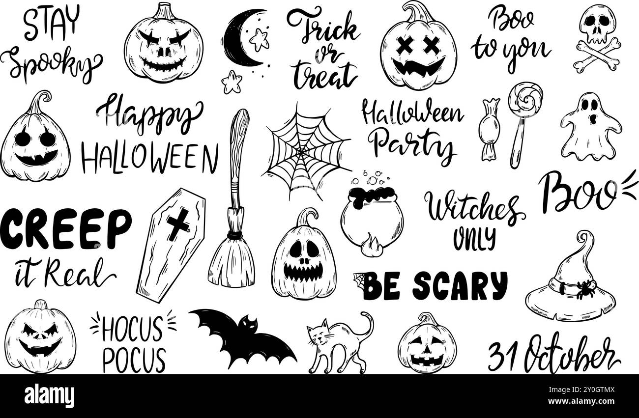 Halloween lettering. Autumn festival, sketch pumpkins broom cat bat ...