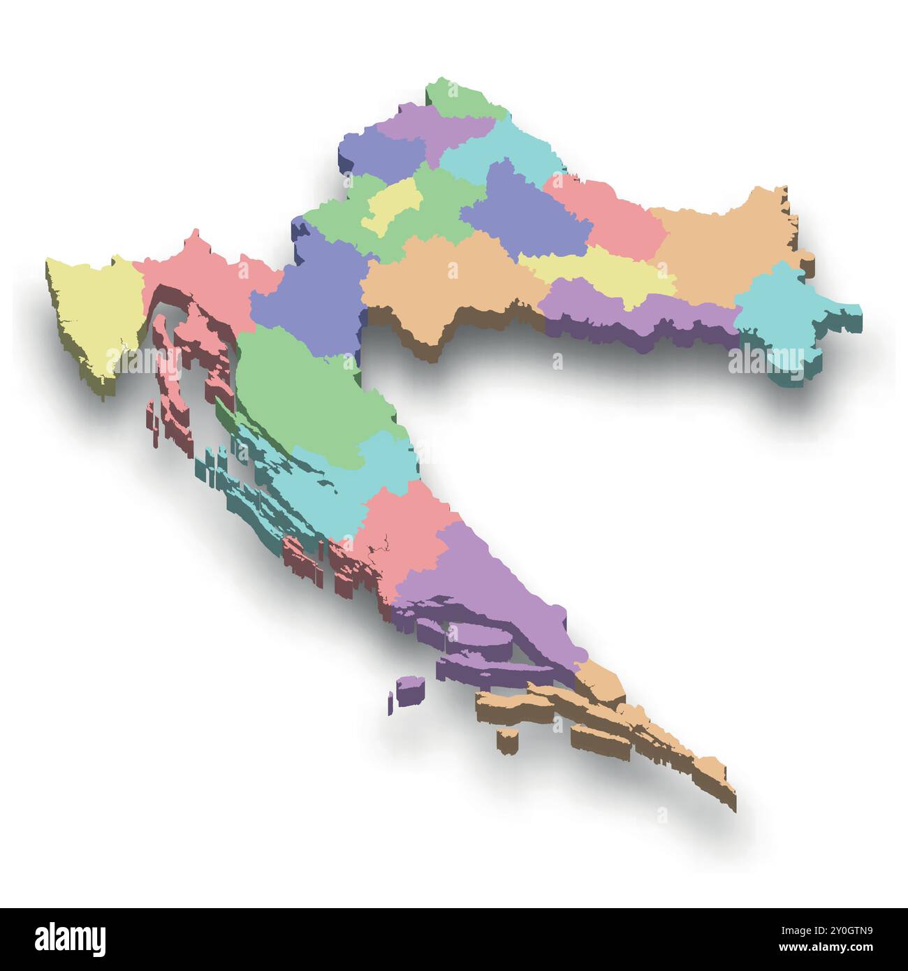 3d isometric colored map of Croatia with borders of regions Stock ...