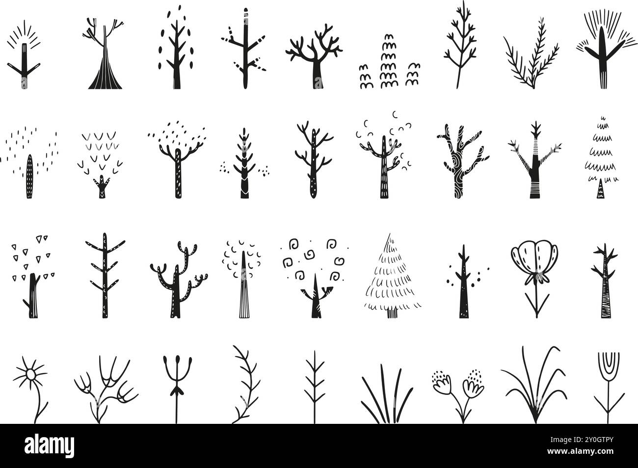 Abstract nature elements. Tree branches bush and flowers. Isolated ...