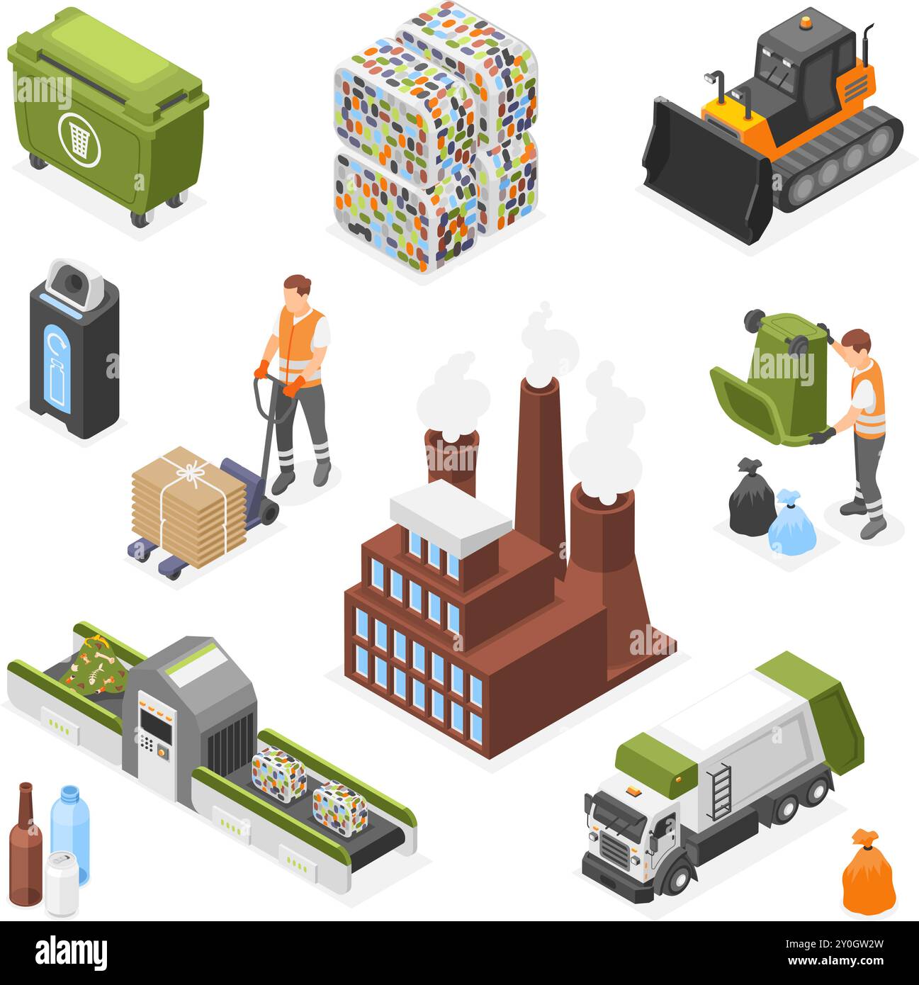 Isometric waste recycle. Trash bricks, composting transport and belt. Garbage recycle factory ...
