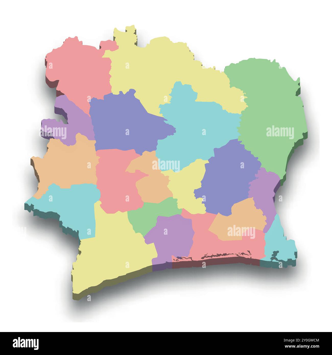 3d isometric colored map of Ivory Coast with borders of regions Stock ...