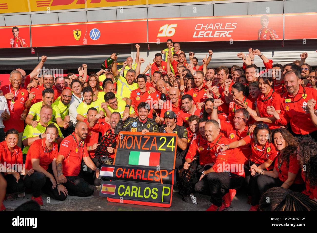 Monza, Italy. 01st Sep, 2024. Scuderia Ferrari celebrates the win of ...