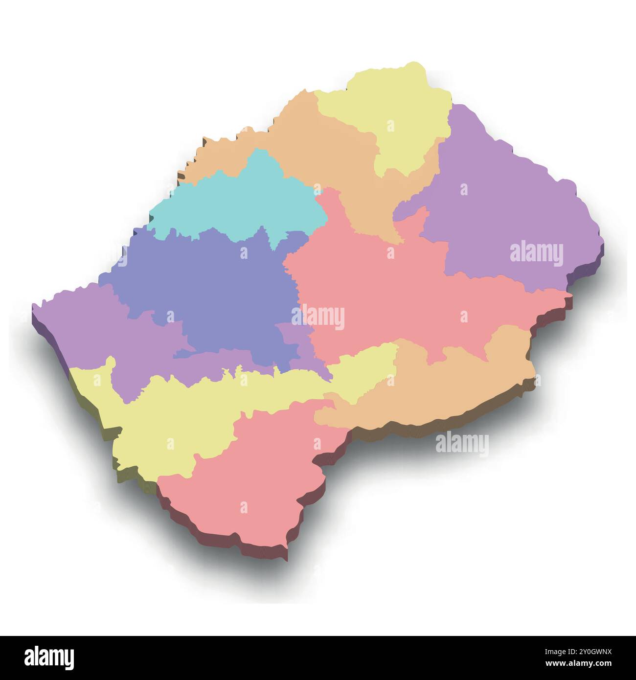 3d isometric colored map of Lesotho with borders of regions Stock ...