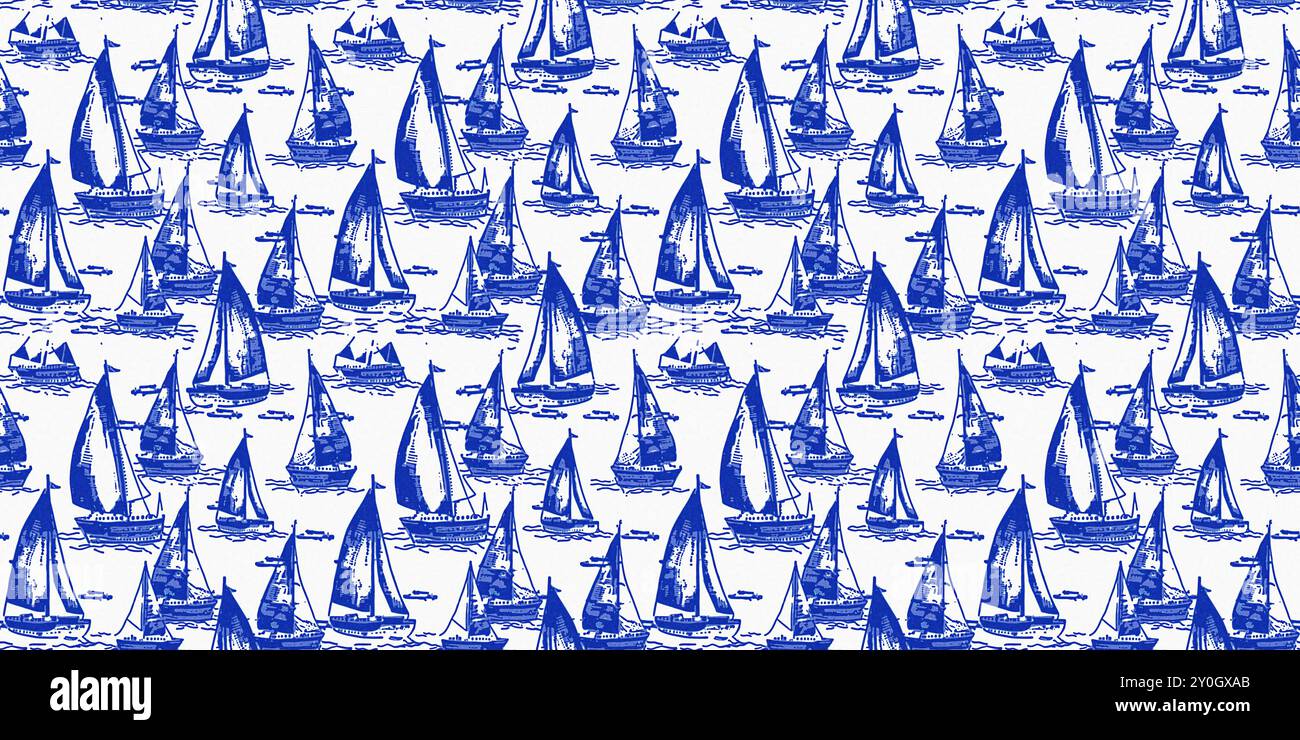 Coastal sail boat in azure ocean blue seamless border background ...