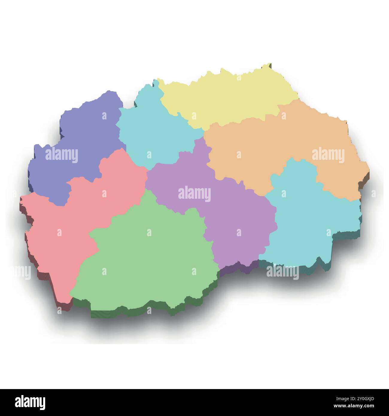 3d isometric colored map of North Macedonia with borders of regions ...