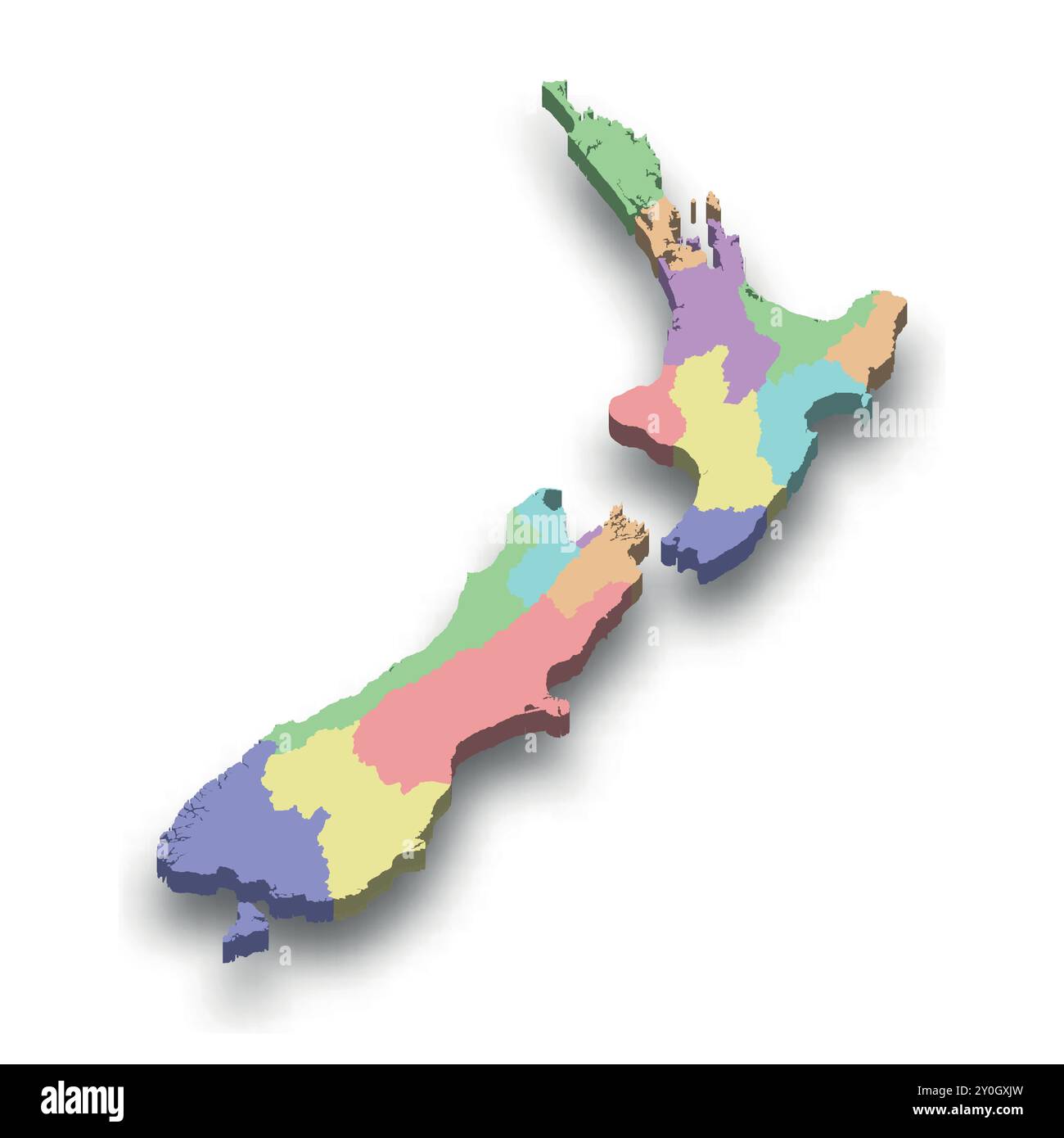 3d isometric colored map of New Zealand with borders of regions Stock ...