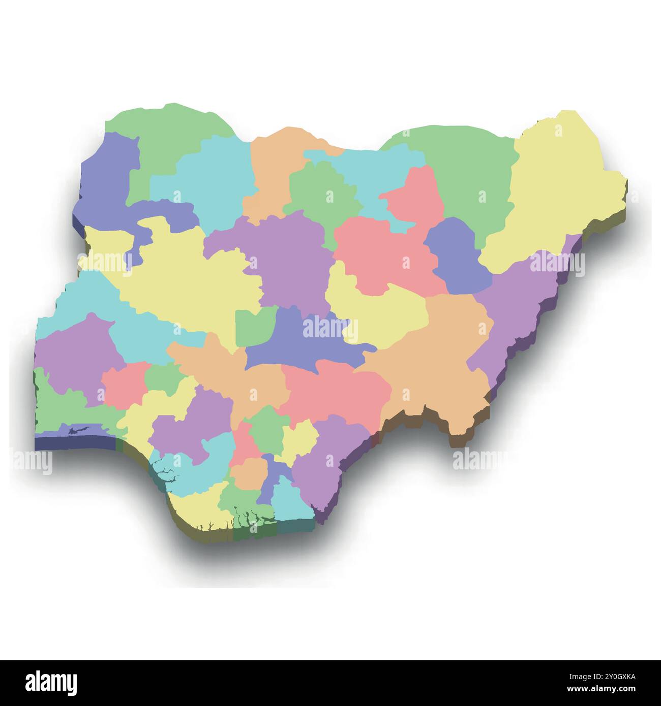 3d isometric colored map of Nigeria with borders of regions Stock ...