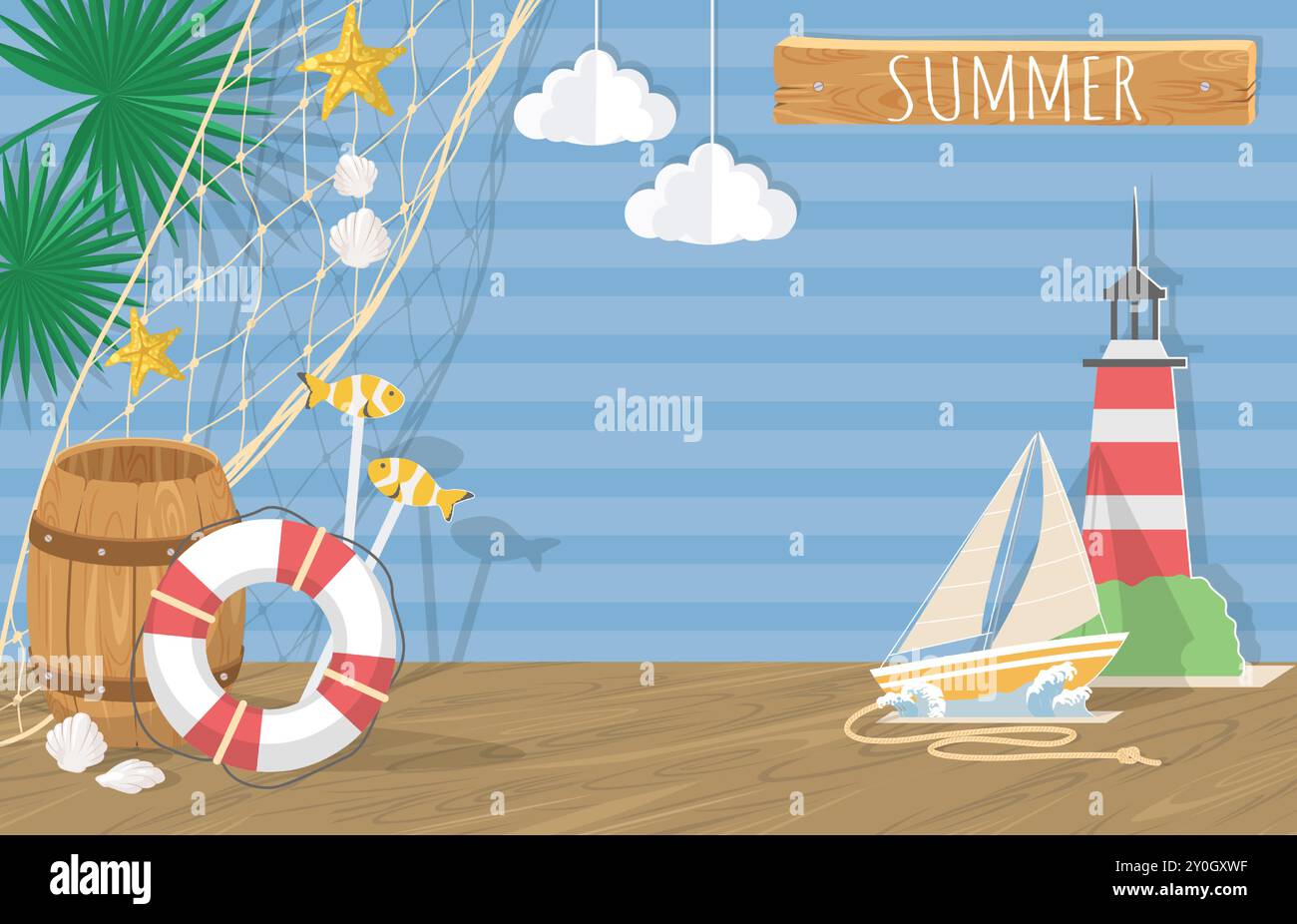 Summer fishing photo zone background with decoration vector ...
