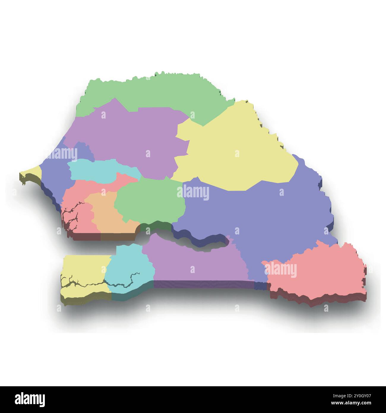 3d isometric colored map of Senegal with borders of regions Stock ...