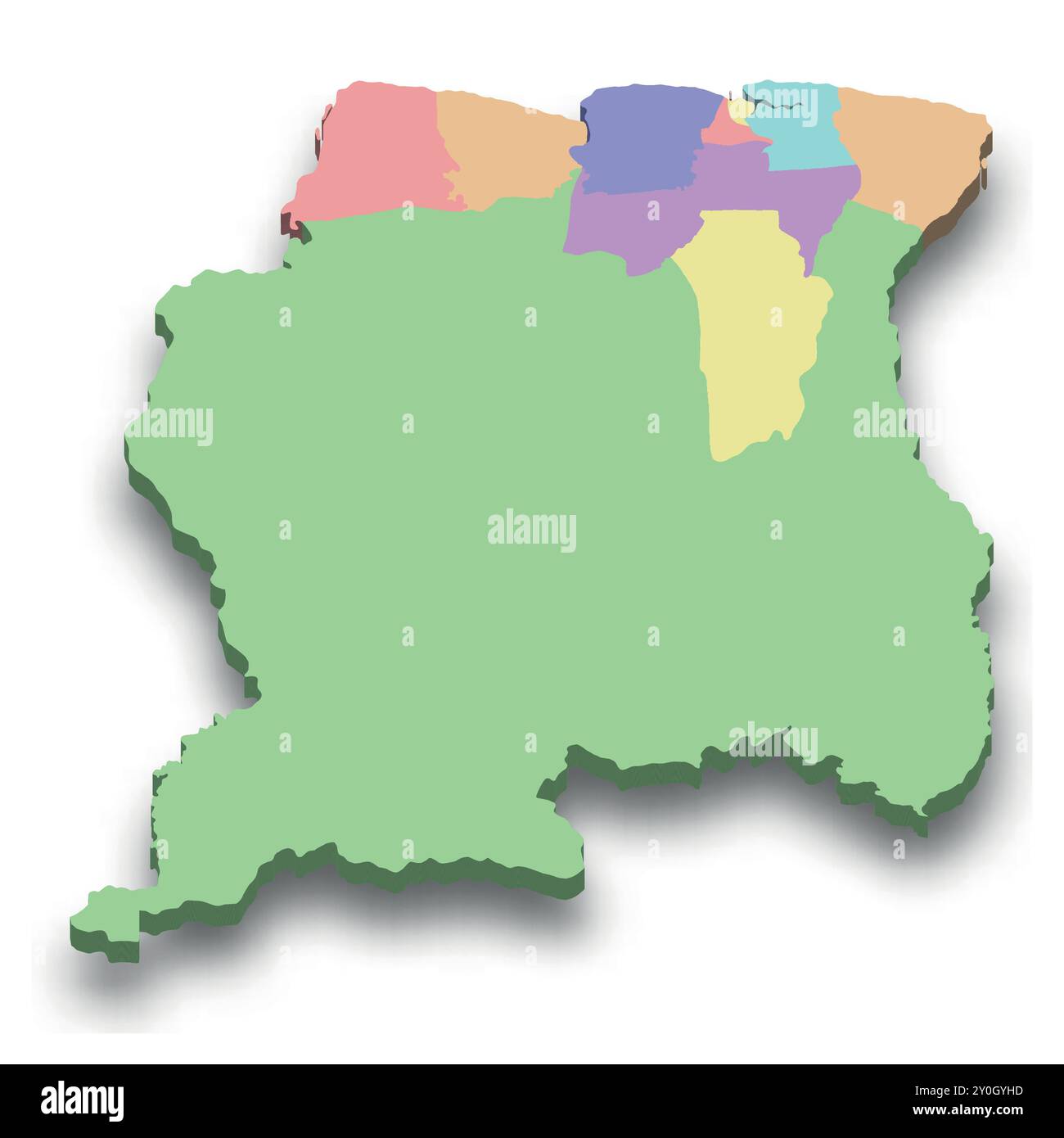 3d isometric colored map of Suriname with borders of regions Stock ...