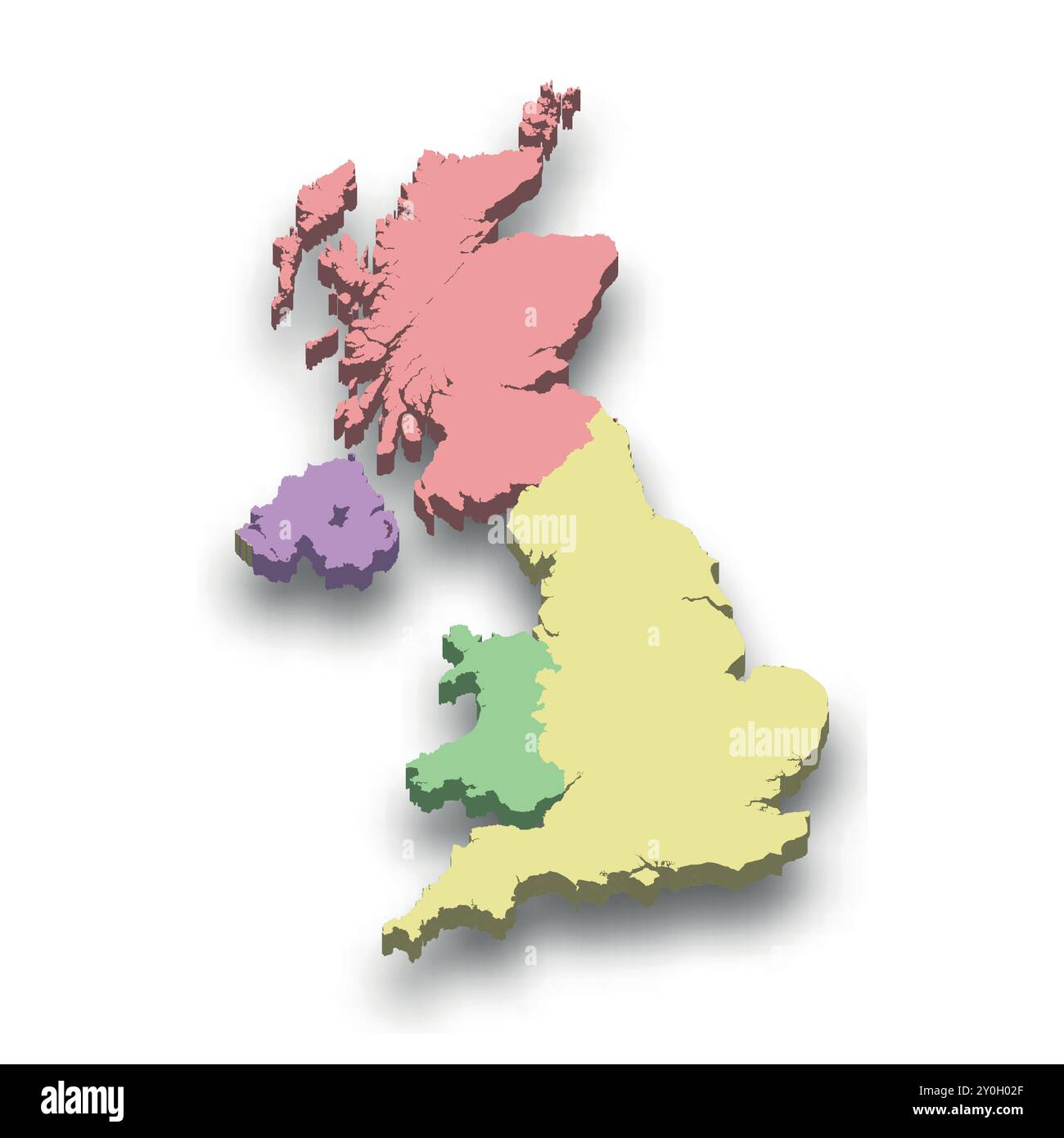 3d isometric colored map of United Kingdom with borders of regions ...