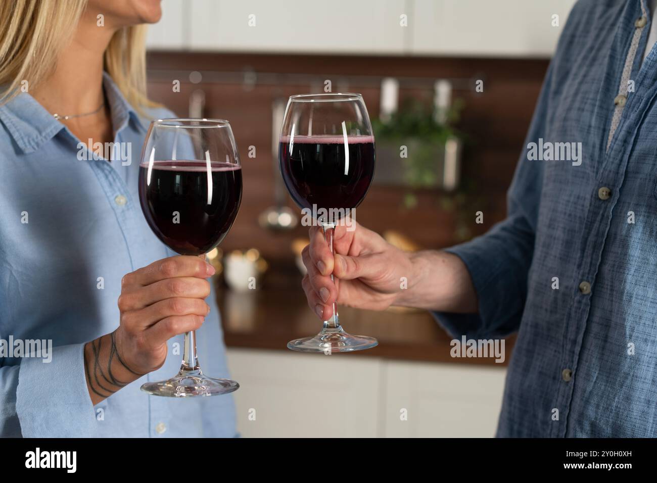 Close-up happy couple having fun and toasting standing on a kitchen ...
