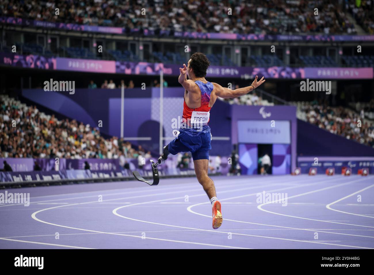 Ezra Frech from the U.S. celebrates after winning the men's 100 m. T63 ...
