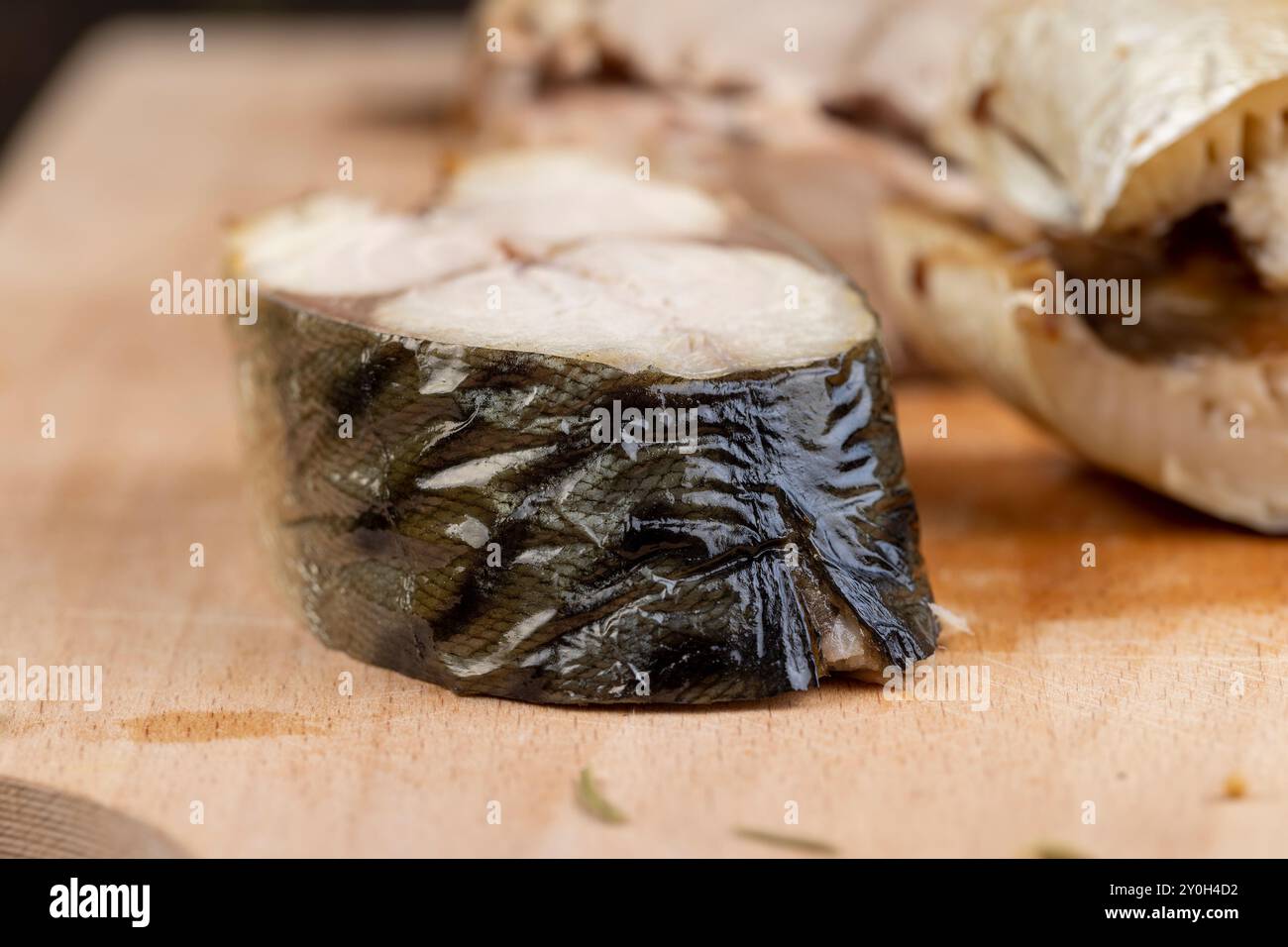 Smoked Atlantic mackerel cut into pieces, delicious meat of mackerel ...