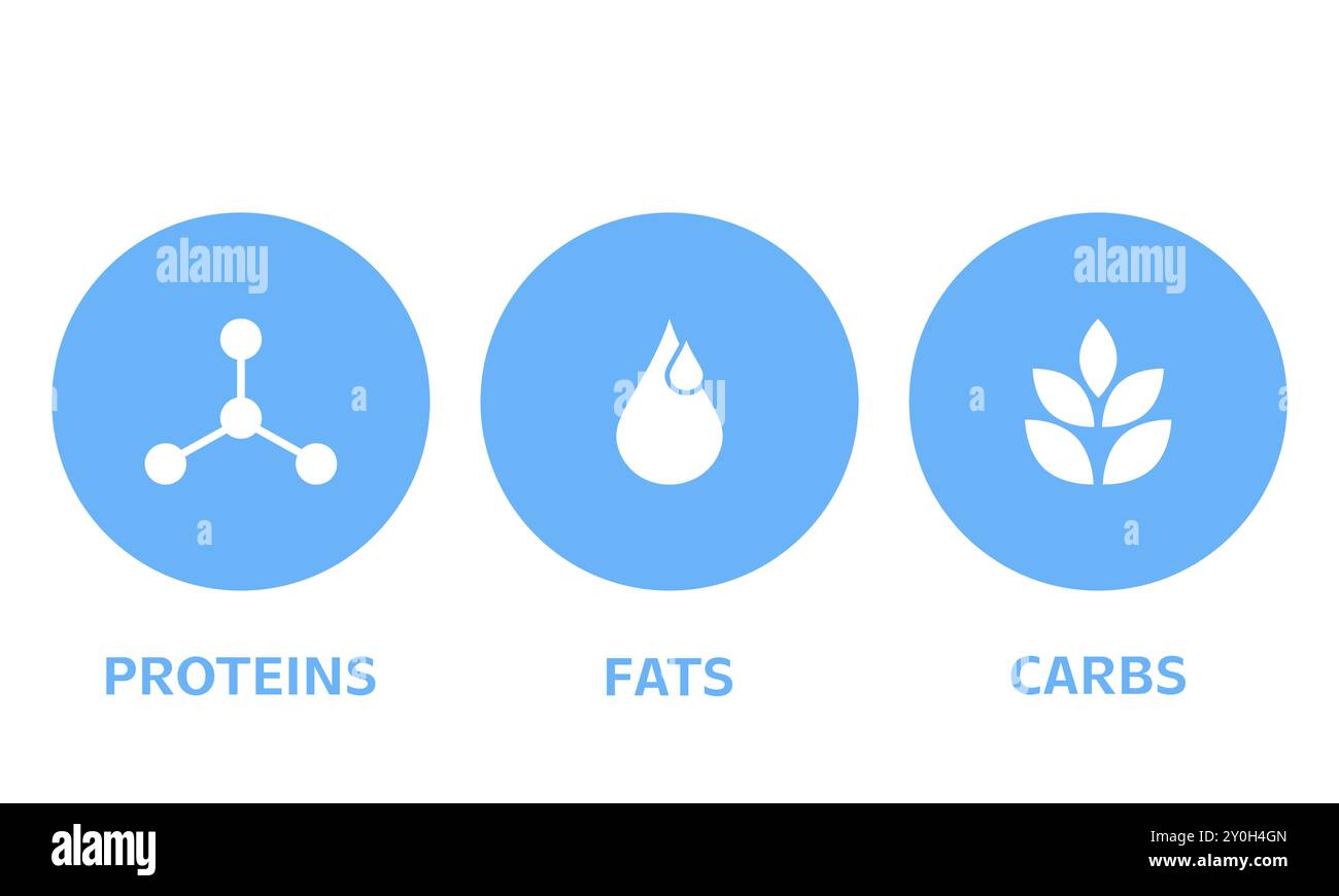 nutrition symbols for proteins, fats, and carbs in blue circles Stock ...