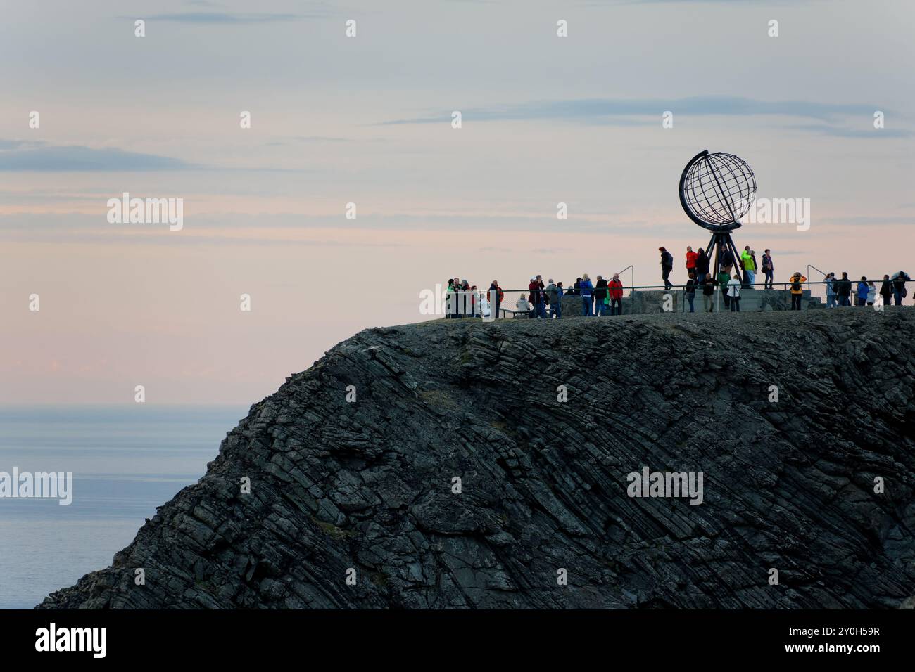 Panoramic view of North Cape plateau and globe at midnight, Norway ...