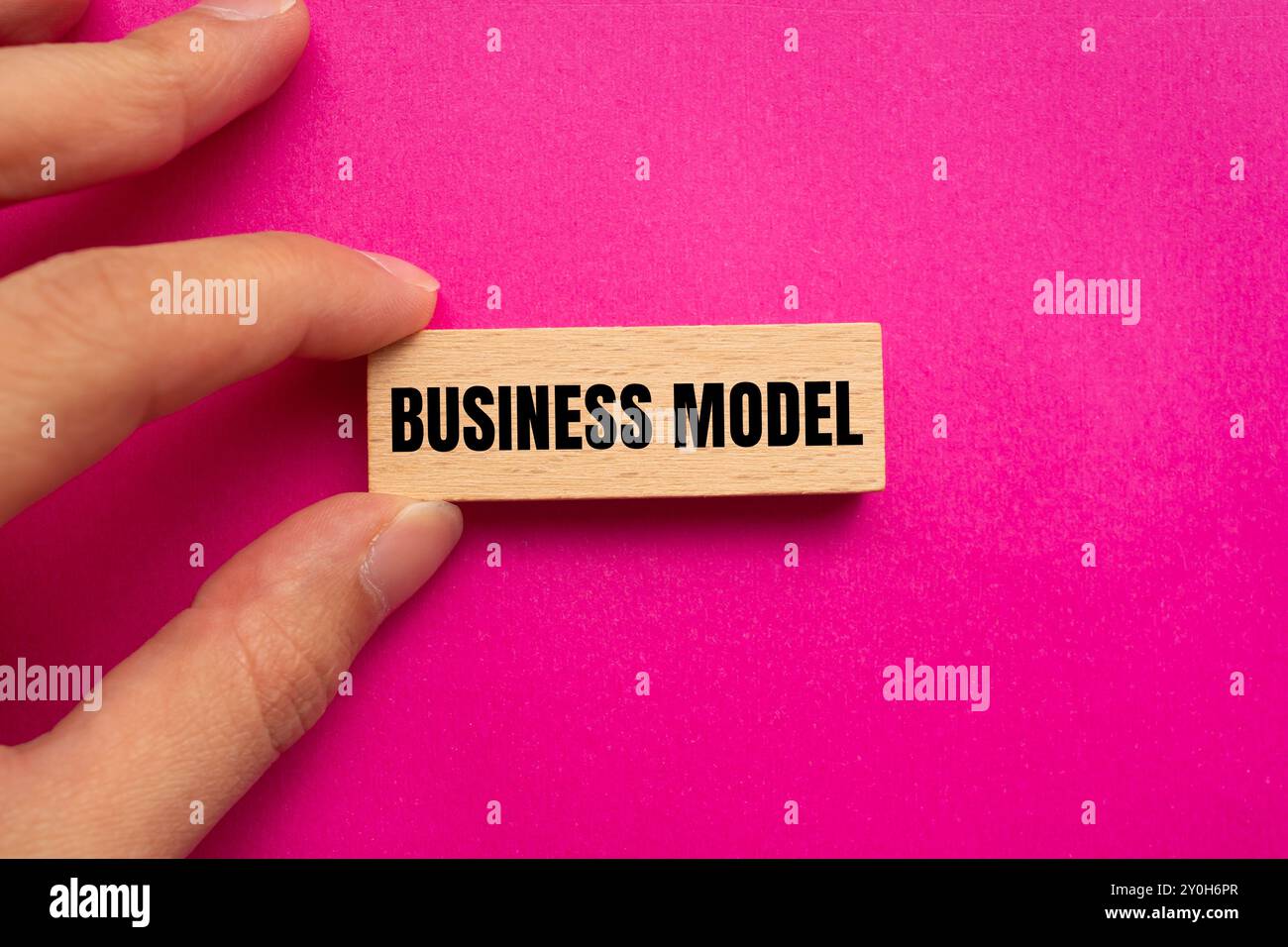 Business model message written on wooden block with pink background ...