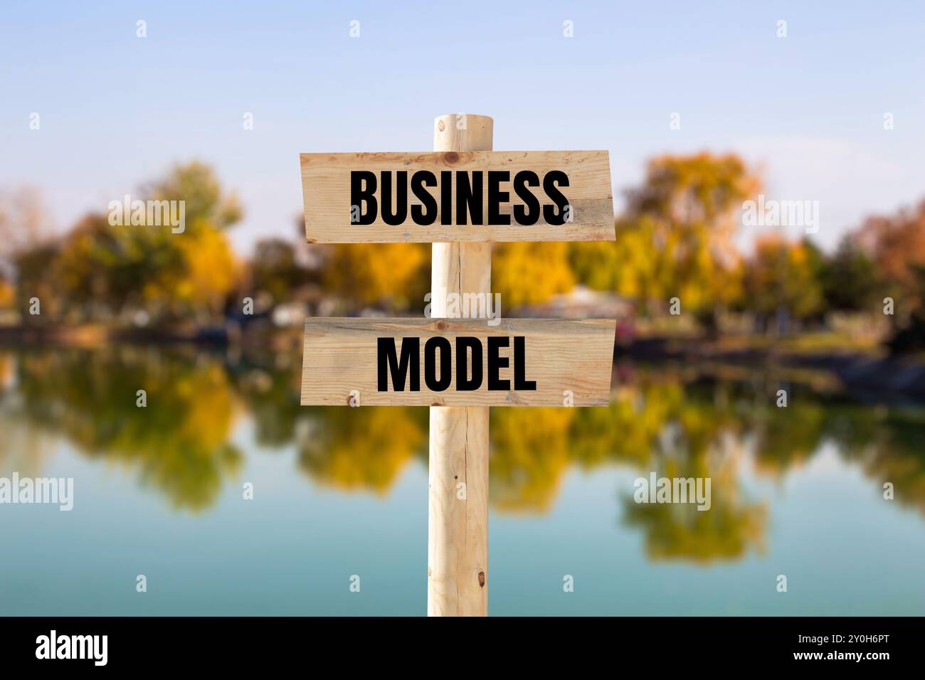 Business model message written on wooden sign with blurry nature ...