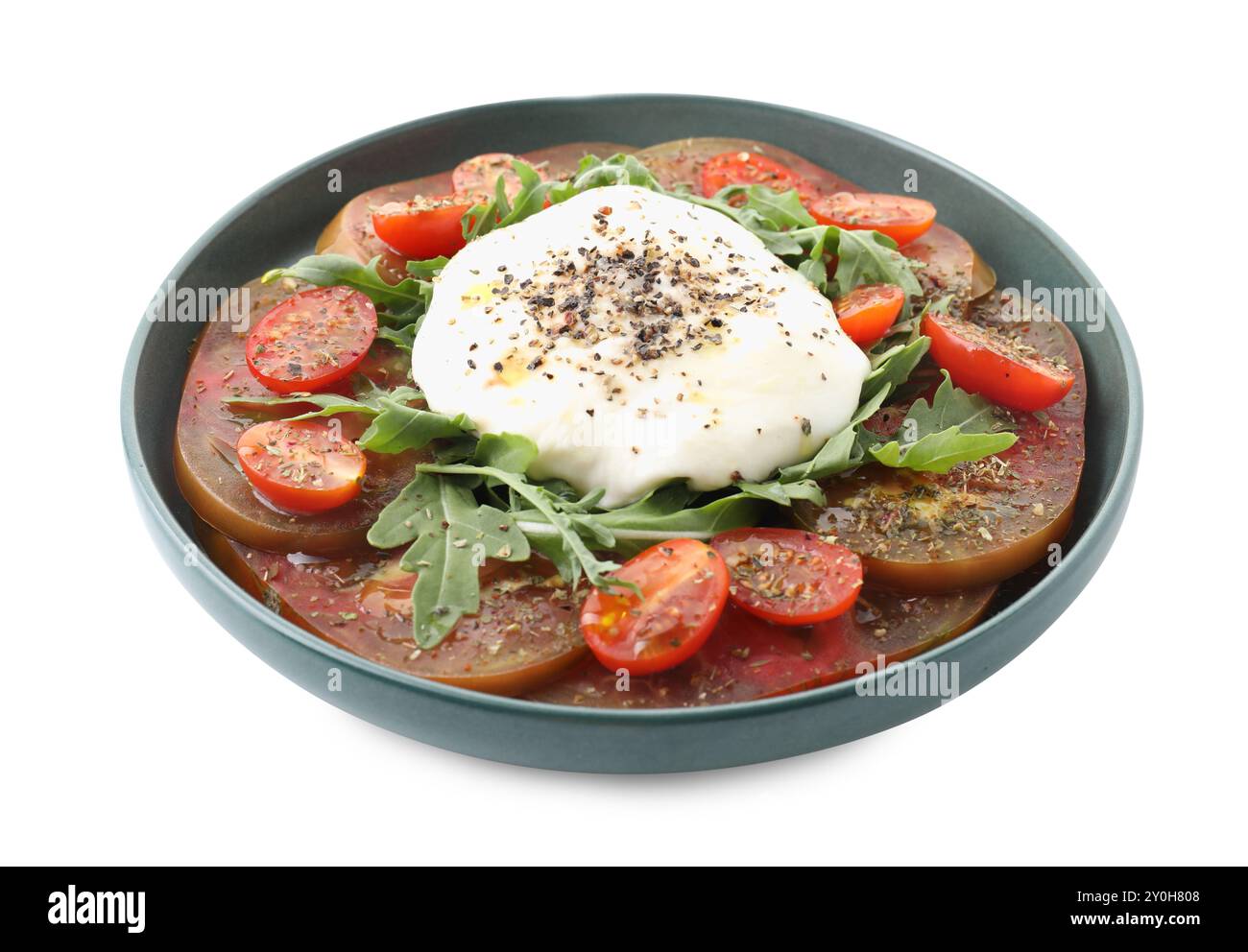 Delicious fresh burrata salad in bowl isolated on white Stock Photo - Alamy