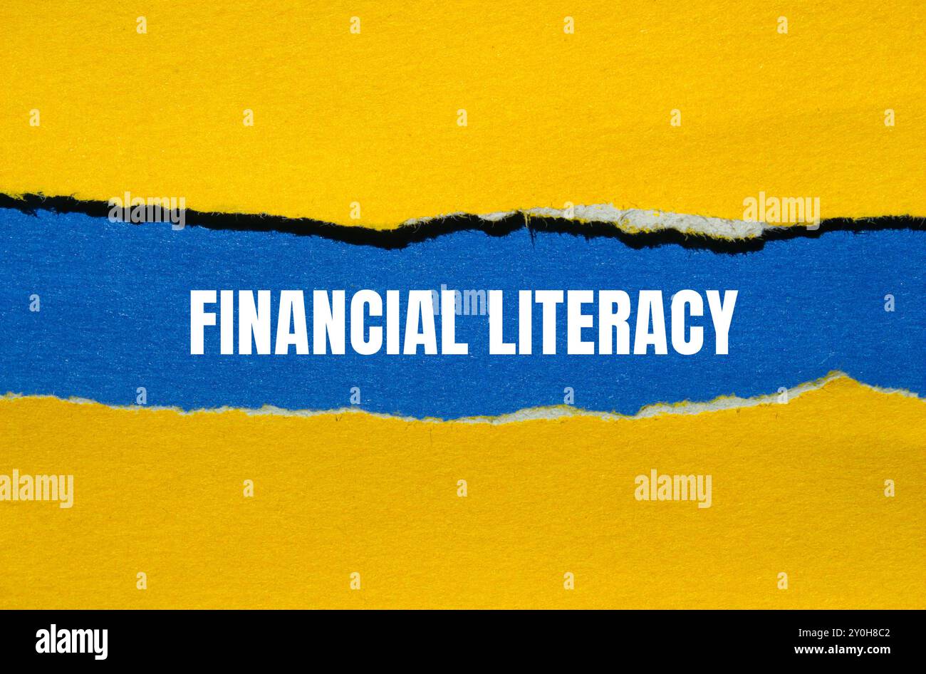 Financial literacy message written on ripped torn yellow paper with ...
