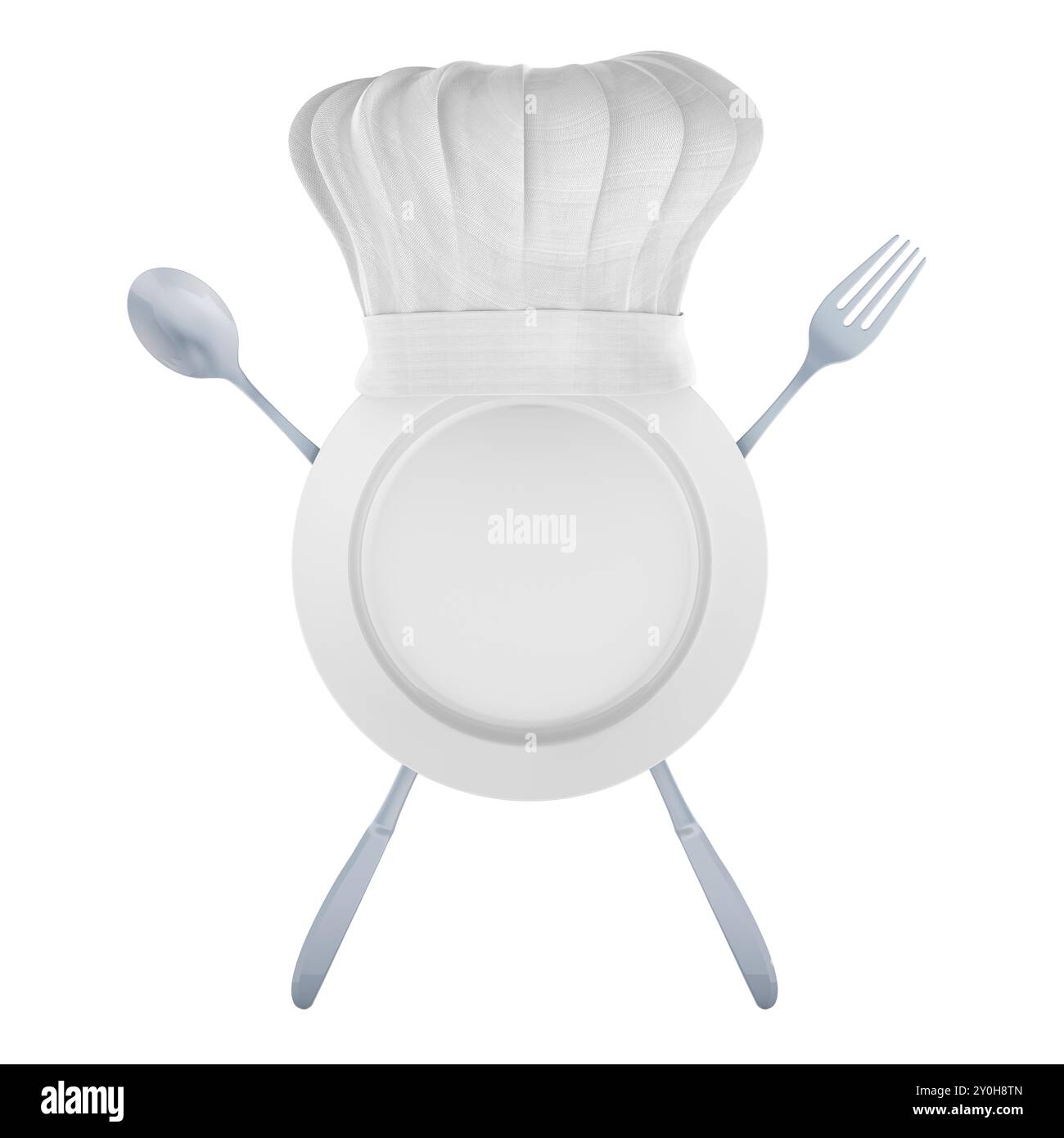 Kitchen chef hat with fork, spoon, plate and knives. 3D rendering ...