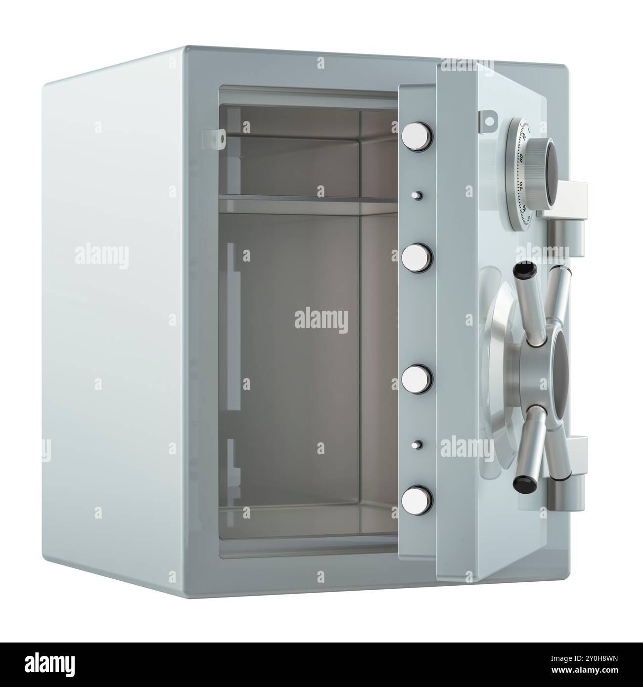Safe box with combination lock. Opened, empty. 3D rendering isolated on ...