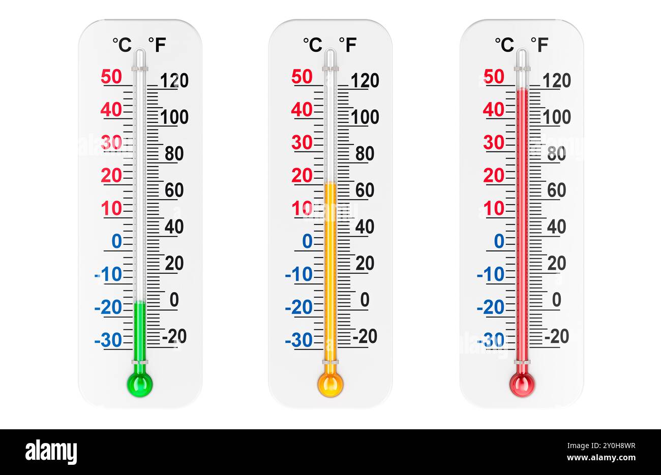 Set of thermometers with cold, warm and hot temperatures. 3D rendering ...
