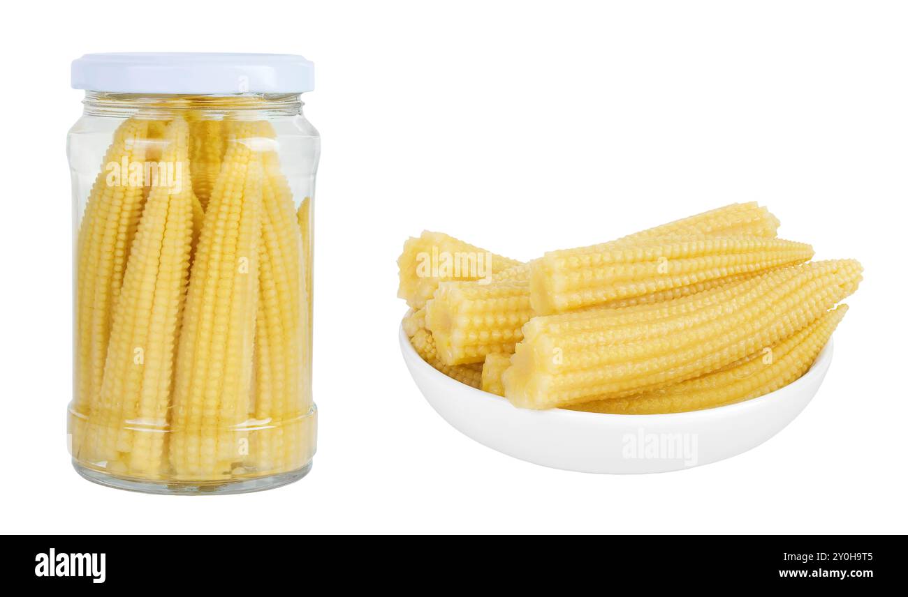 Jar of pickled young baby corn cobs isolated on white background Top ...