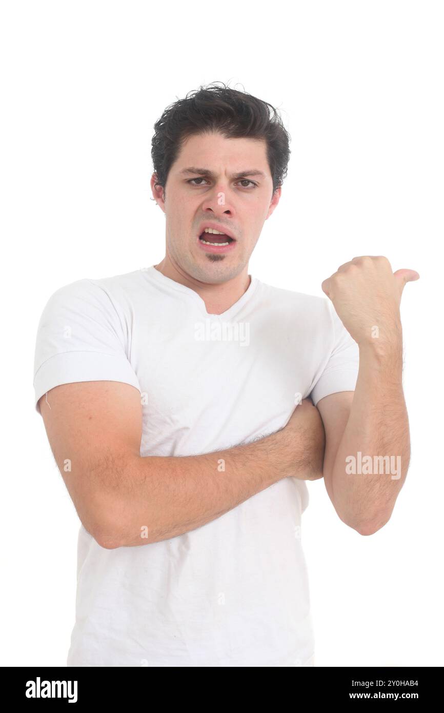 bossy angry man looking at camera pointing with his hand to the side ... bossy angry man looking at camera pointing with his hand to the side ...