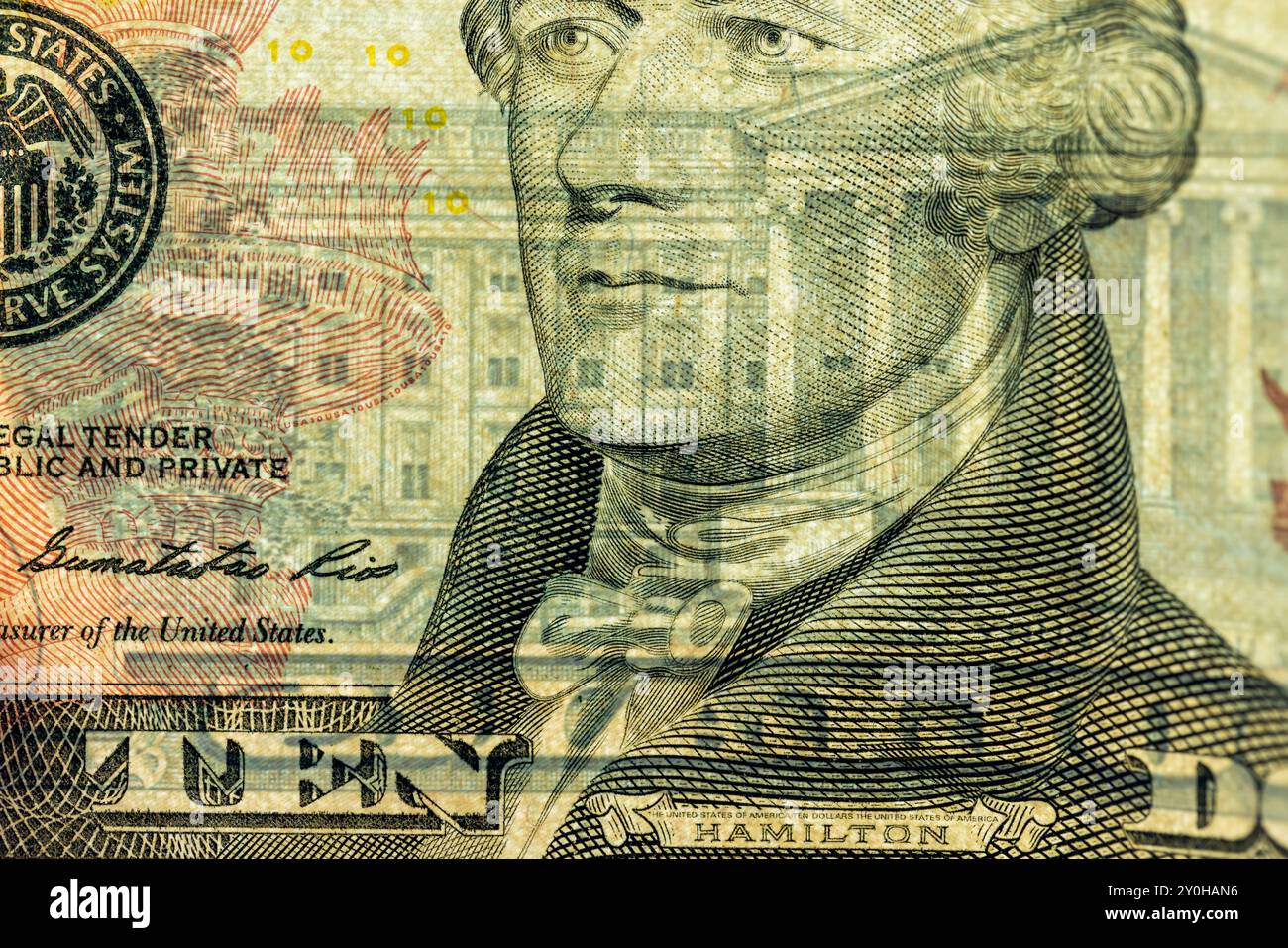 Ten American dollars close-up, details of a genuine American 10 ...