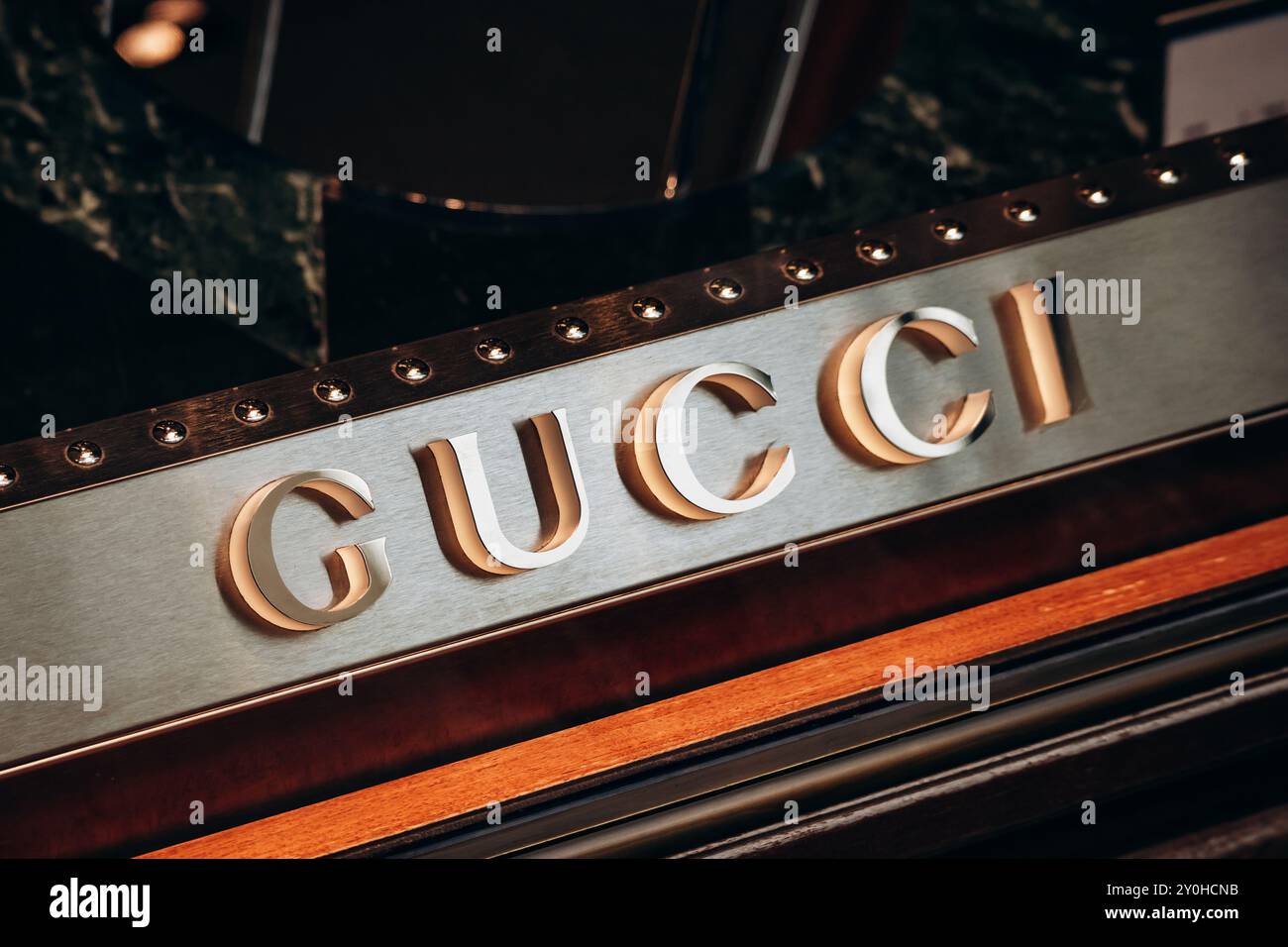 Vienna, Austria - August 6, 2024: Gucci sign in a boutique window in ...