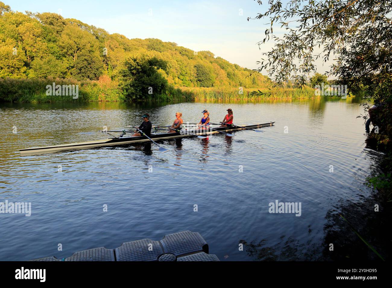Coxless quad shell and crew rowing on the River Avon at Saltford ...