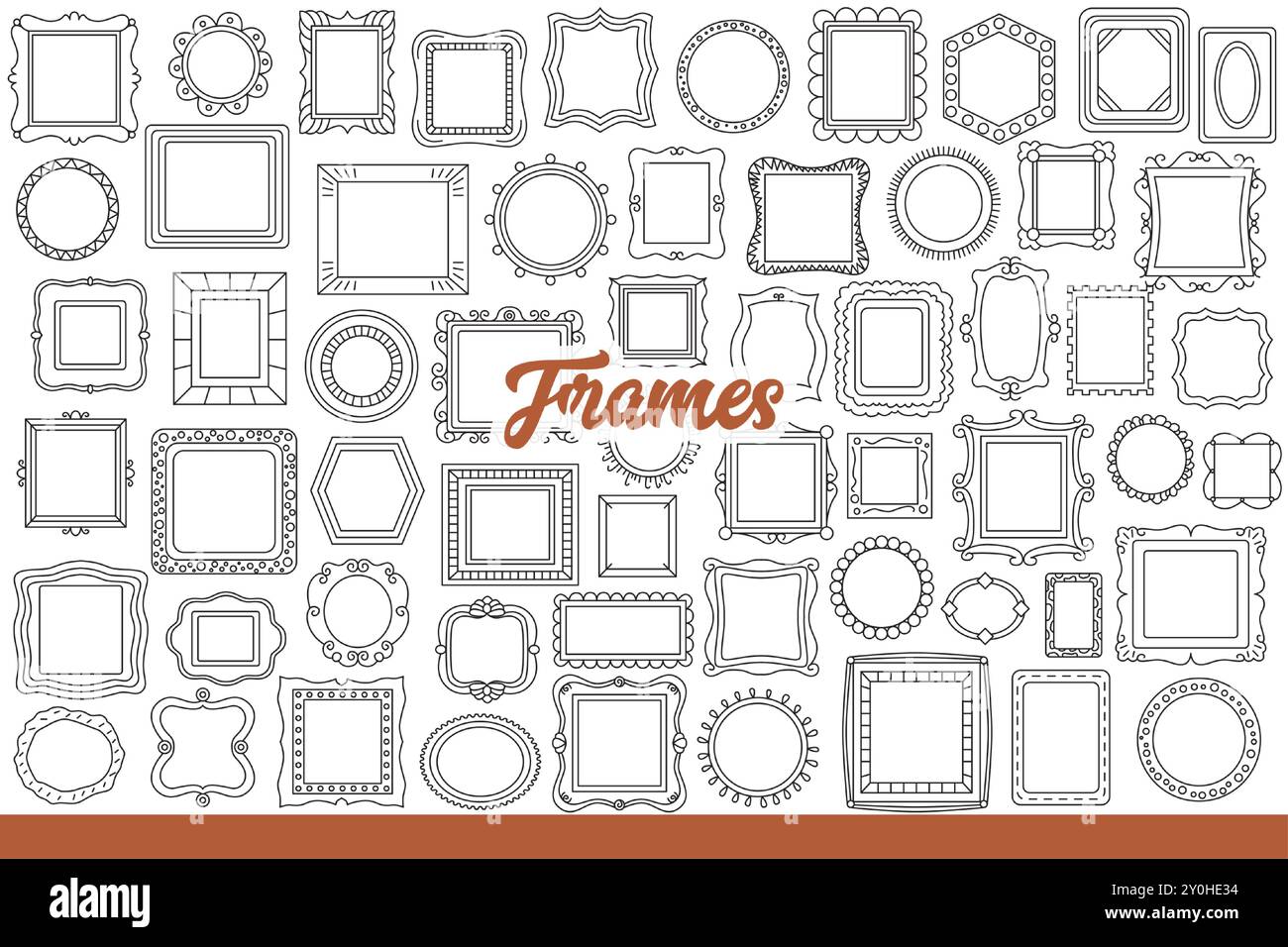 Frames for paintings and photographs decorating wall in art gallery or ...