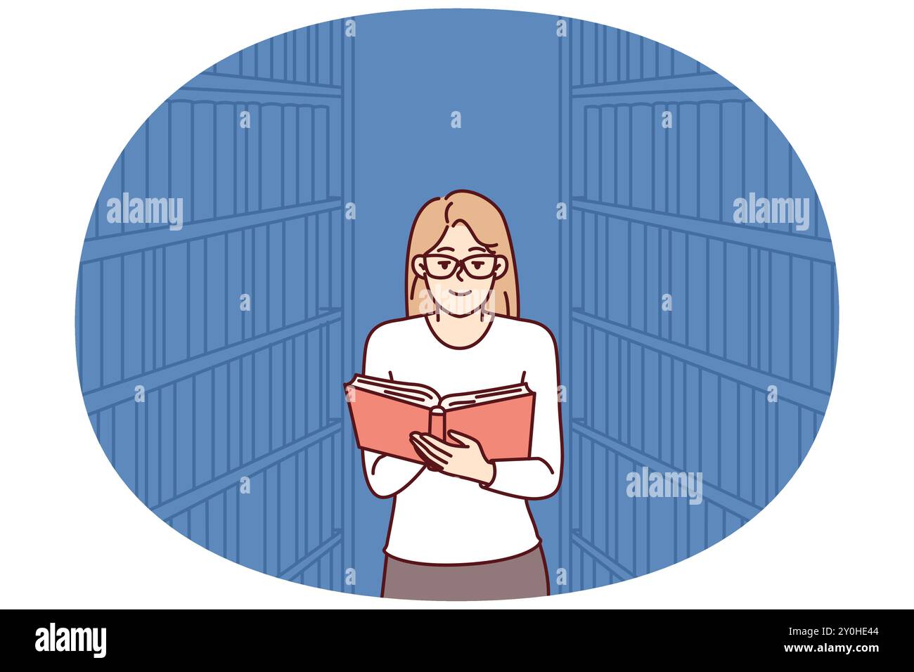 Woman is reading book in library, standing among shelves with textbooks ...