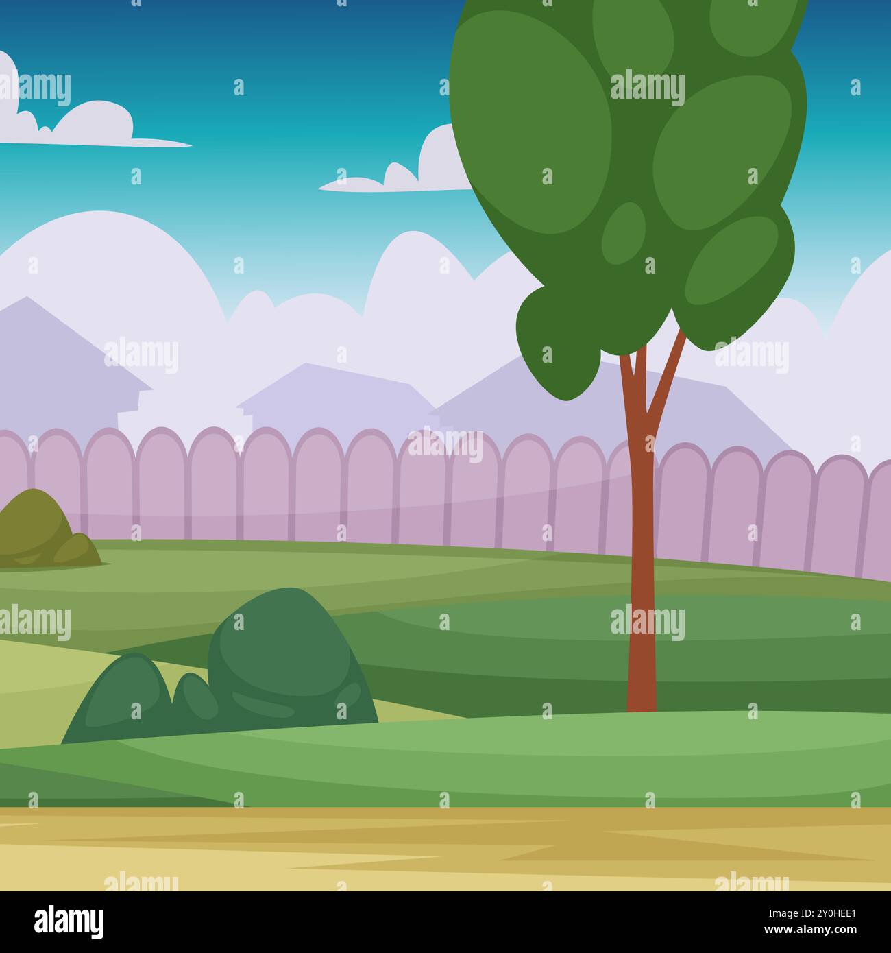 rural landscape. outdoor village background with tree field and wooden ...