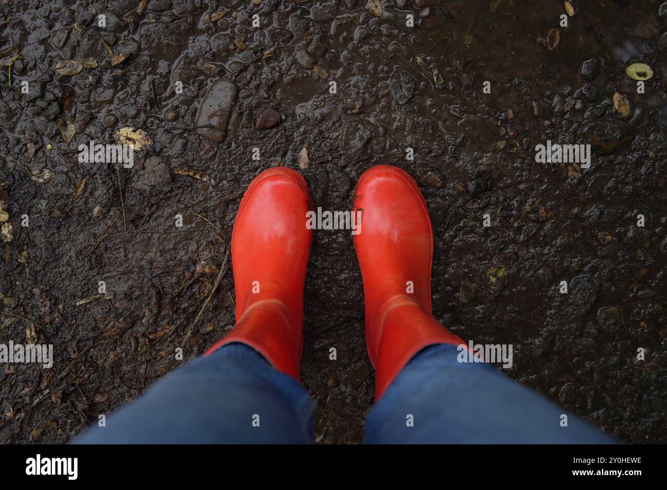 Woman wearing red rubber boots standing on muddy road, top view Stock ...