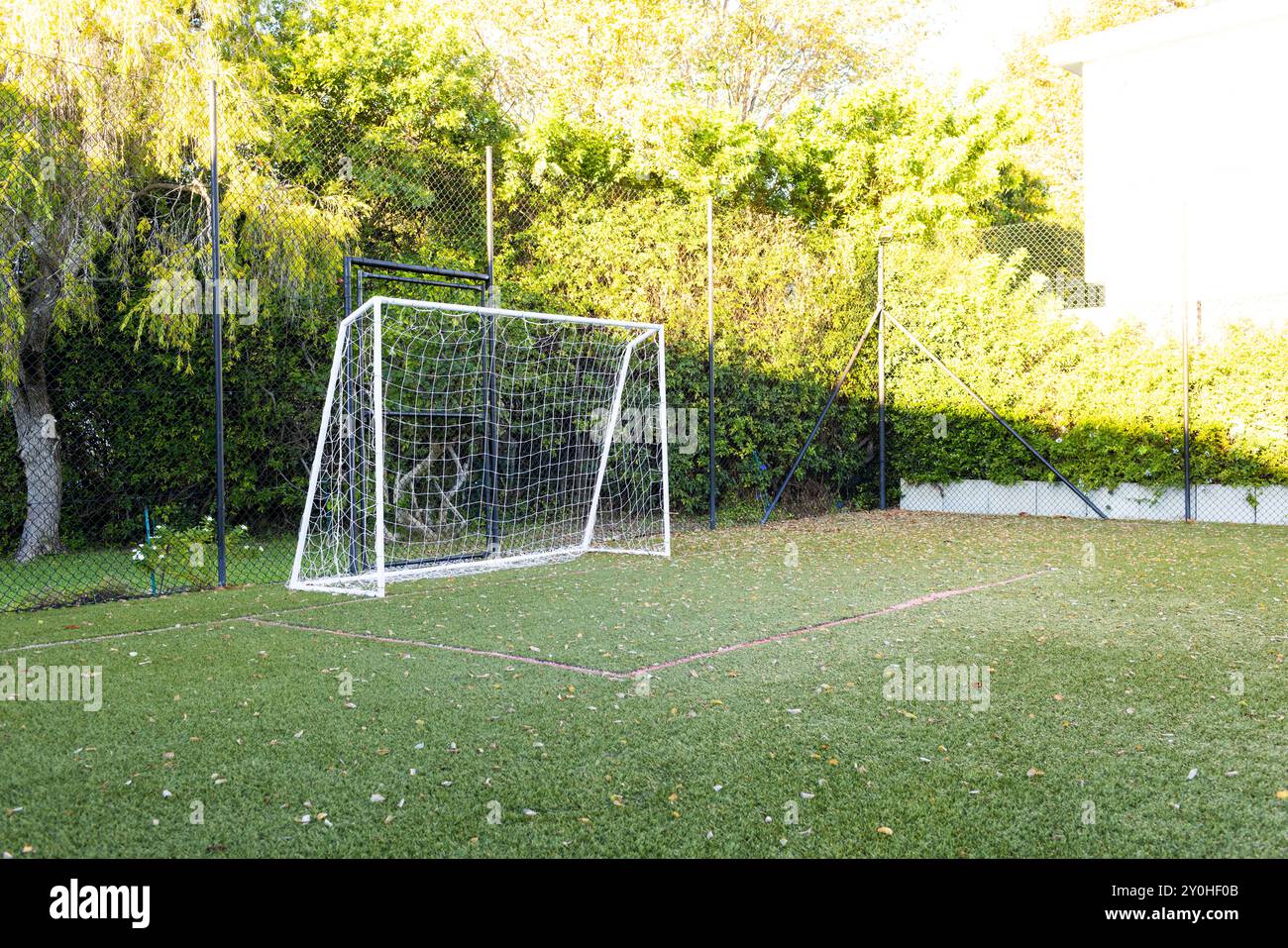 Empty soccer field with goal net, ready for practice or game, copy ...