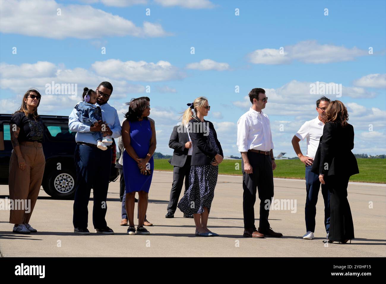 Democratic presidential nominee Vice President Kamala Harris greets ...
