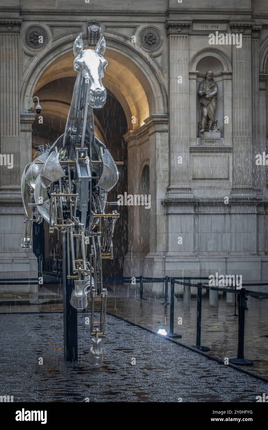 Paris, France - 08 30 2024: Paris city hall. Exhibition of Zeus, the metal horse from the ...