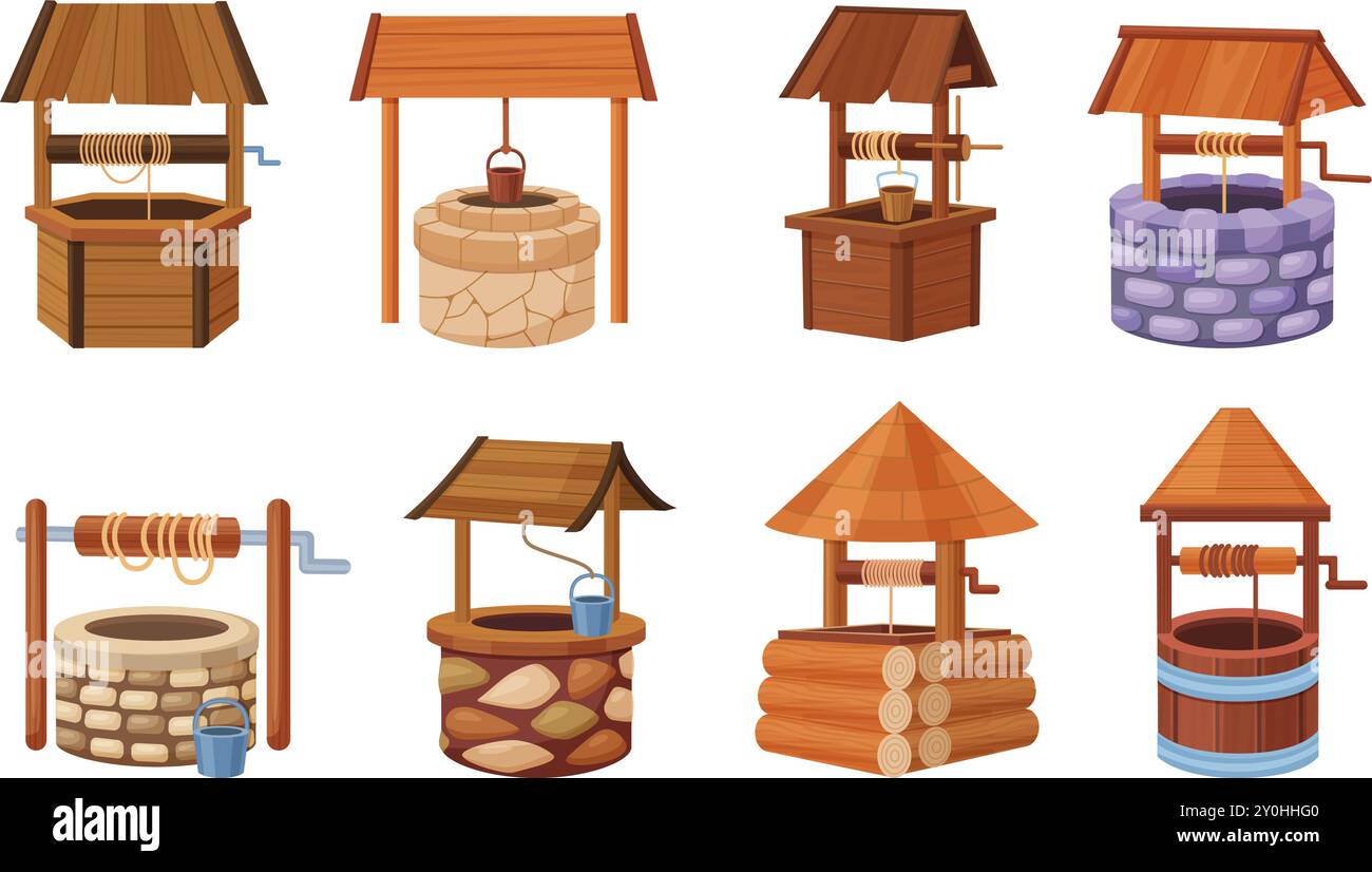 Old water wells. Cartoon ancient well of springs, wooden and stones ...