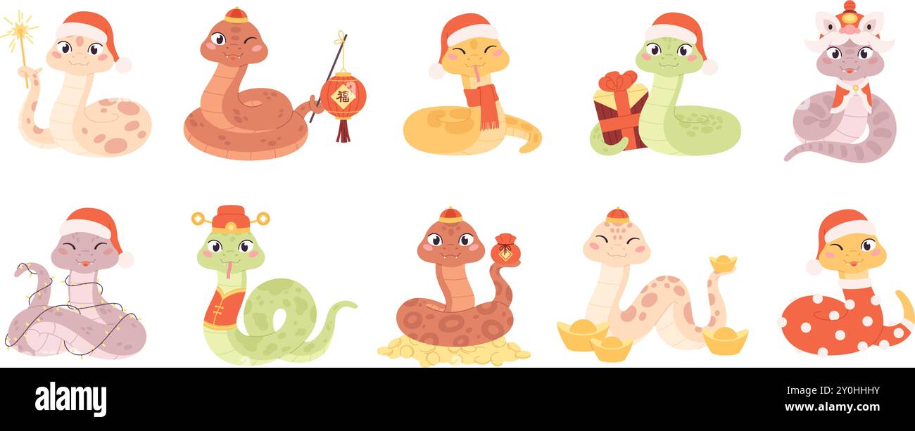 Cartoon snake. Chinese new year snakes, isolated funny symbols. Reptile ...