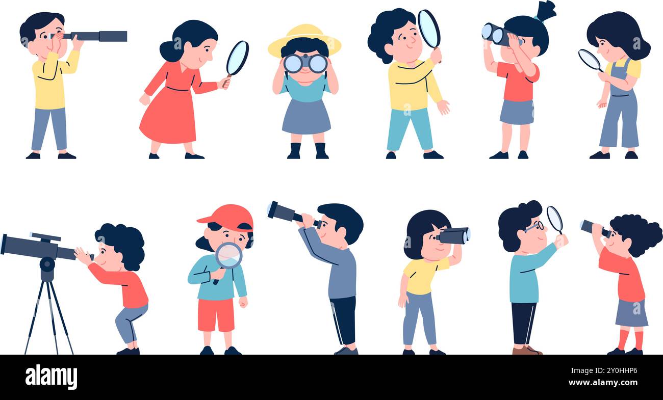 Children with binoculars. Kids explore world and nature with magnifying ...