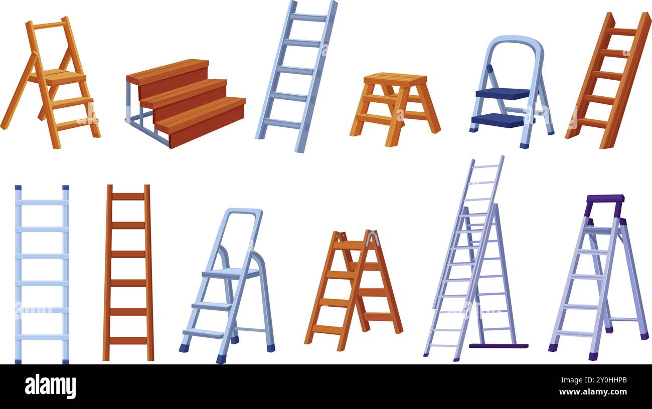 Cartoon ladders. Metal and wooden ladder for household works and repair ...