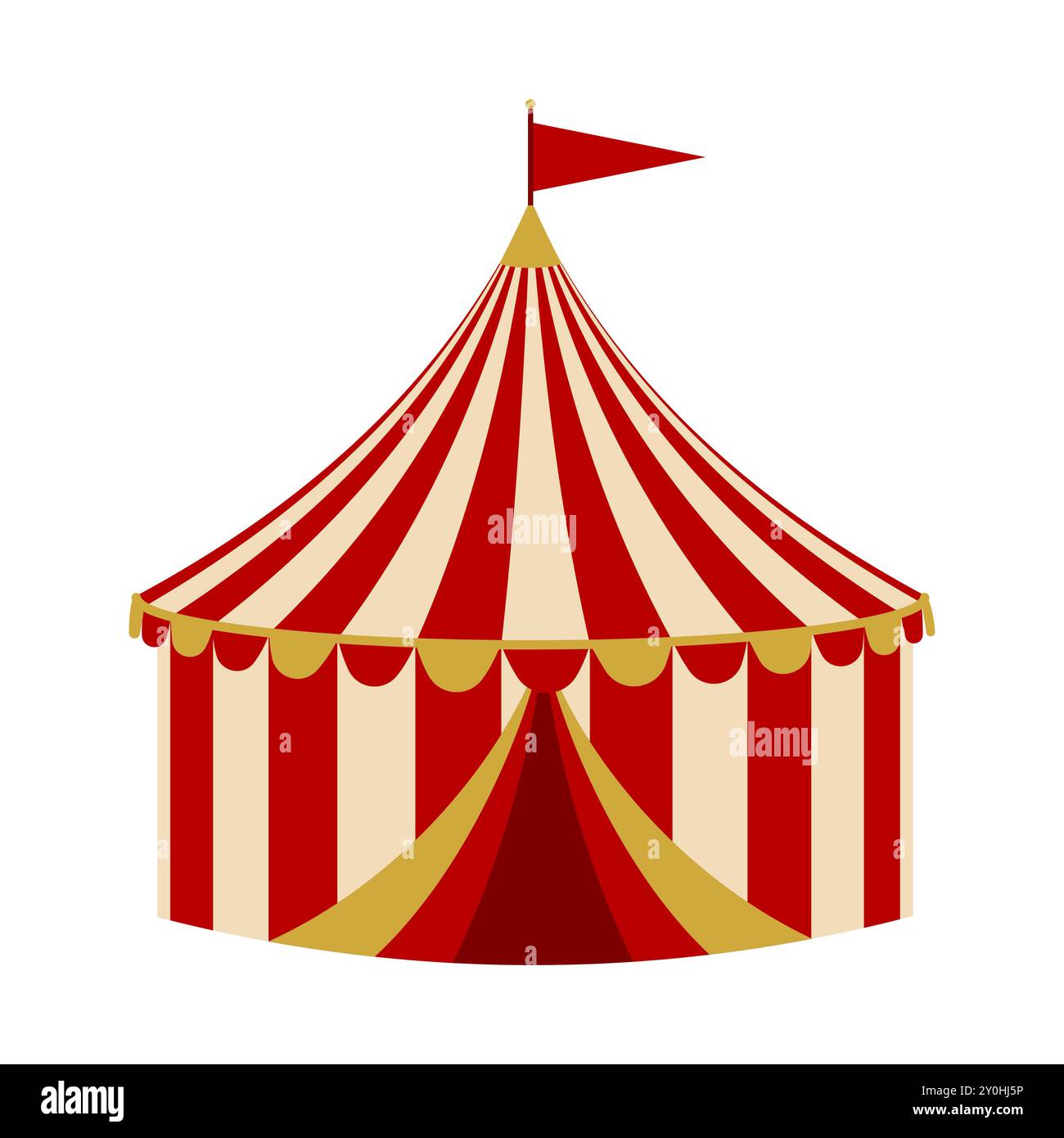 Circus tent isolated. A classic circus tent with red and white stripes, topped with a small red ...