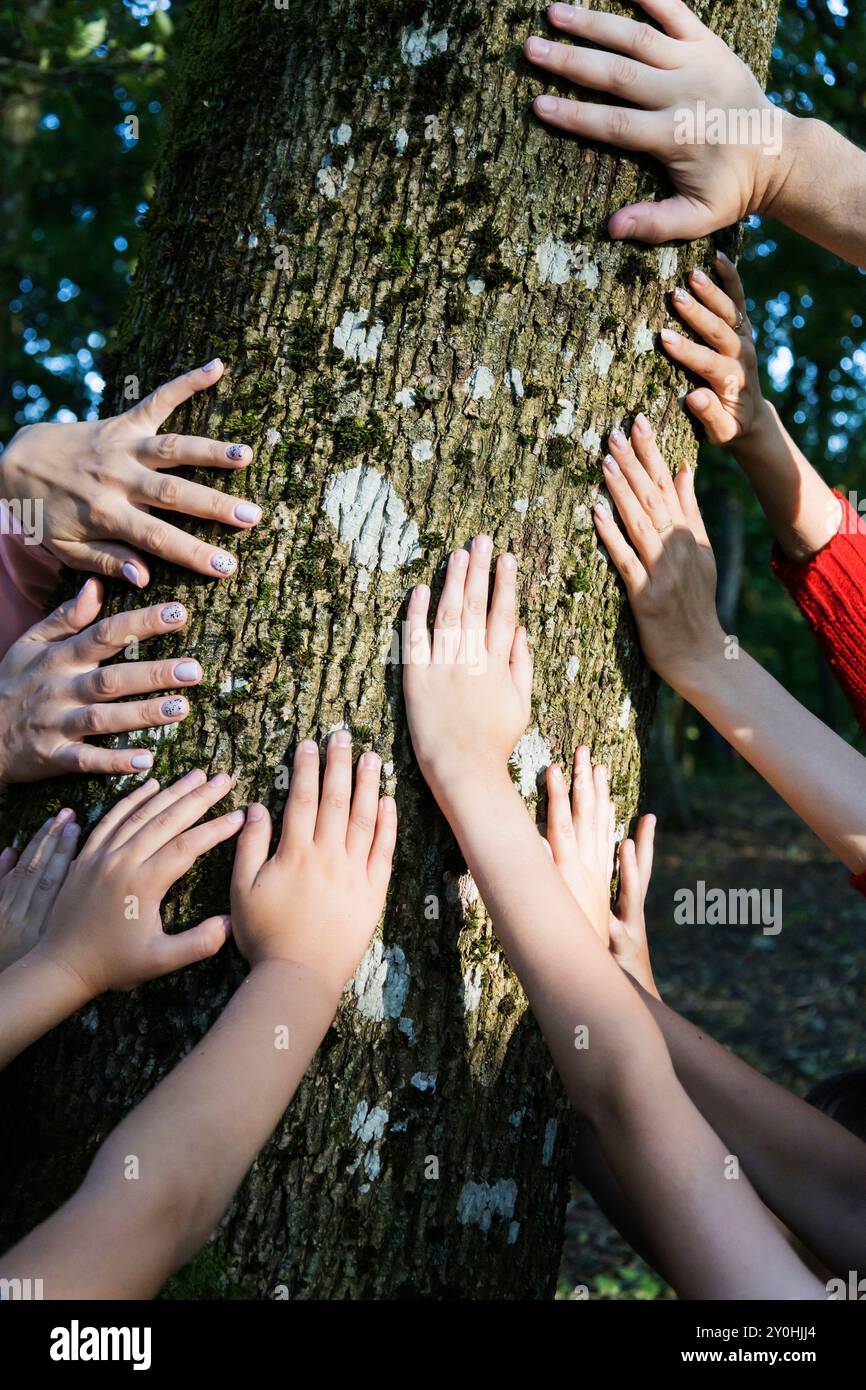 A diverse group of individuals standing together in nature, gently ...