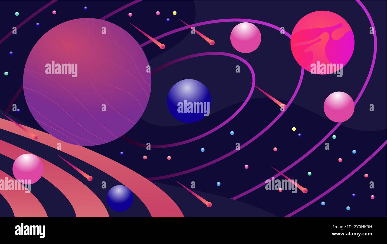 This vibrant image depicts a celestial scene with multiple planets ...